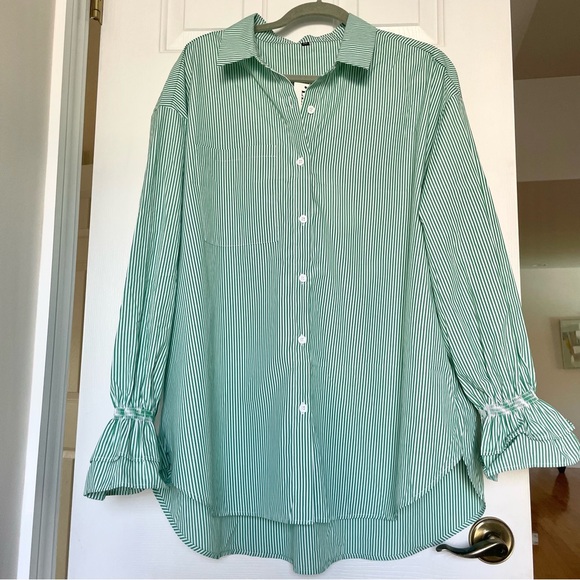 Lemafer | Tops | Green Striped Buttonup Blouse With Ruffle Sleeves ...